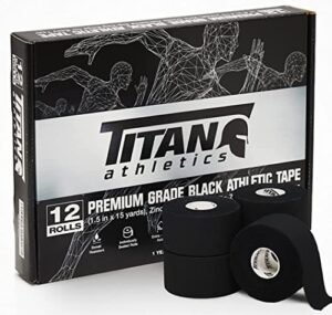 titan athletics - premium quality black athletic tape/sports tape - 1 1/2 inch x 45 feet per roll - 100 percent cotton with zinc oxide - easy tear zig zag design. (black, 12 count (pack of 1))