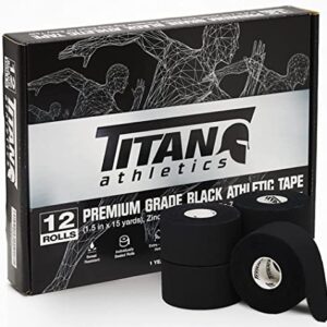 Titan Athletics - Premium Quality Black Athletic Tape/Sports Tape - 1 1/2 Inch x 45 Feet Per Roll - 100 Percent Cotton with Zinc Oxide - Easy Tear Zig Zag Design. (Black, 12 Count (Pack of 1))