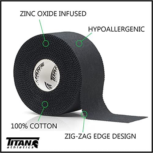 Titan Athletics - Premium Quality Black Athletic Tape/Sports Tape - 1 1/2 Inch x 45 Feet Per Roll - 100 Percent Cotton with Zinc Oxide - Easy Tear Zig Zag Design. (Black, 12 Count (Pack of 1))