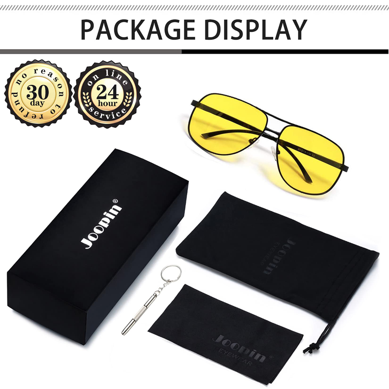 Joopin Night Driving Glasses for Men, Rectangle Aviation Night Sunglasses Metal Frame UV Protection (Black Frame Yellow Lens)