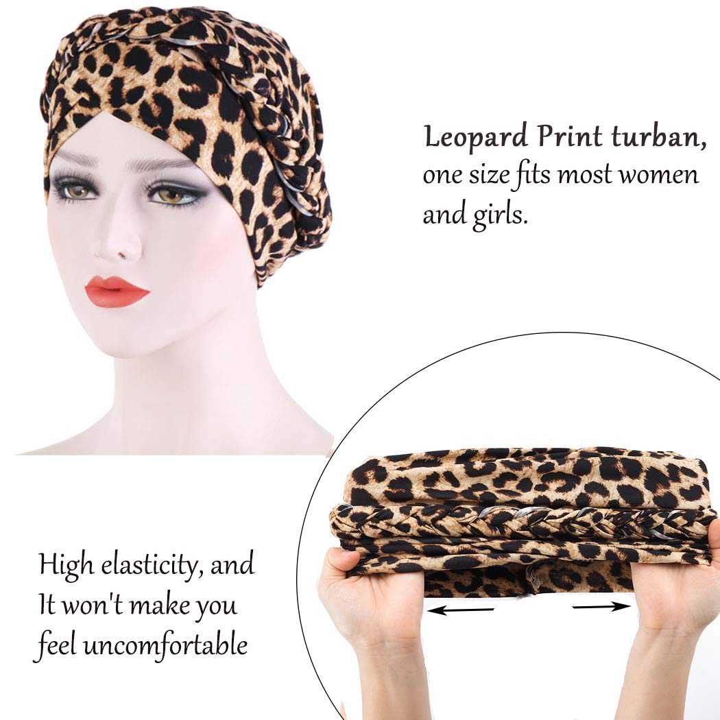 Woeoe African Turban Leopard Print Stretch Headwear Print Pattern Head Scarf Elastic Beanie Cap Head Wrap for Women and Girls(2 Pieces)