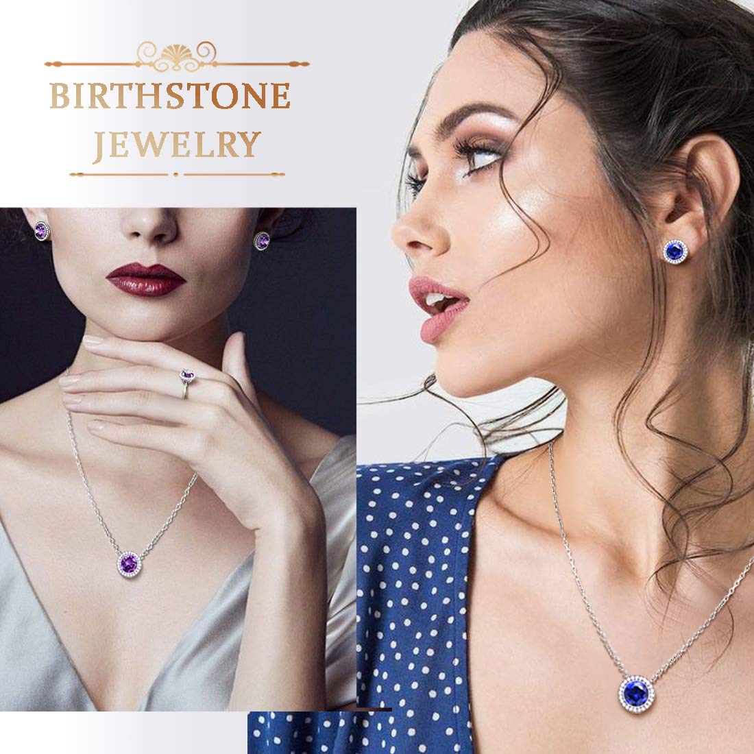 beautlace March Birthstone Necklaces/Stud Earrings Set Silver Plated Round Shape Jewelry Sets Blue Birthstone Jewelry Birthday Gifts for Men and Women KS0017M