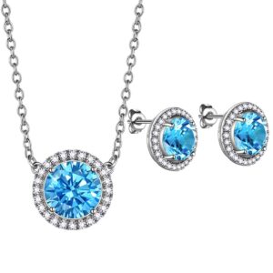 beautlace march birthstone necklaces/stud earrings set silver plated round shape jewelry sets blue birthstone jewelry birthday gifts for men and women ks0017m