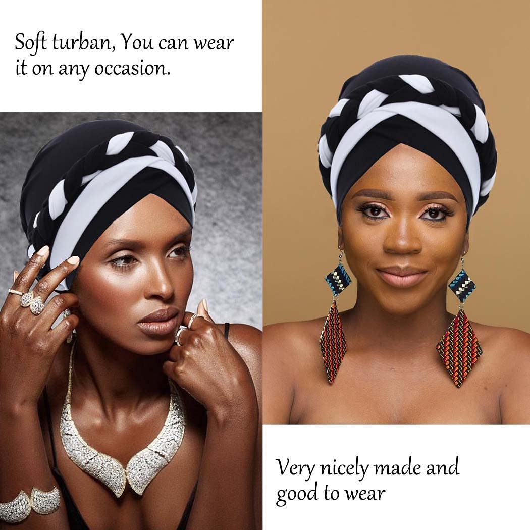 Woeoe African Turban India's Hat Black Stretch Braid Head Wrap for Women