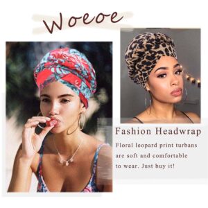 Woeoe African Turban Leopard Print Stretch Headwear Print Pattern Head Scarf Elastic Beanie Cap Head Wrap for Women and Girls(2 Pieces)