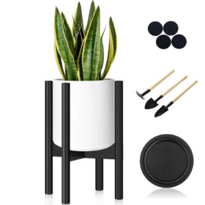 hyenikoo plant stand - adjustable indoor black plant stand, plant holder, mid century corner plant stand with tray - fit 8 to 12 inches pots (pot not included) - bamboo wood