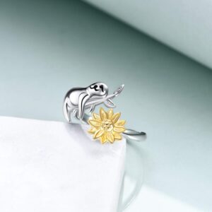 MONGAS Sloth Gifts for Women Sloth Ring Sunflower 925 Sterling Silver Sloth Christmas Jewelry