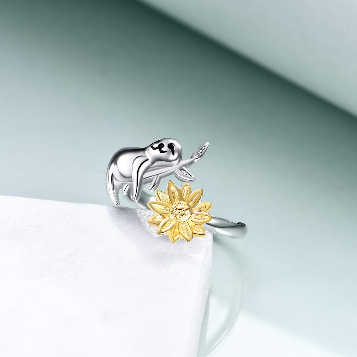 MONGAS Sloth Gifts for Women Sloth Ring Sunflower 925 Sterling Silver Sloth Christmas Jewelry