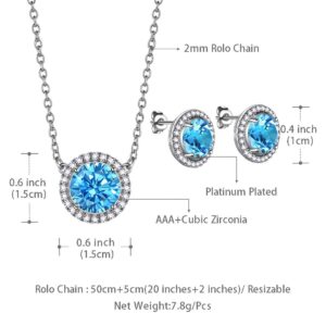 beautlace March Birthstone Necklaces/Stud Earrings Set Silver Plated Round Shape Jewelry Sets Blue Birthstone Jewelry Birthday Gifts for Men and Women KS0017M