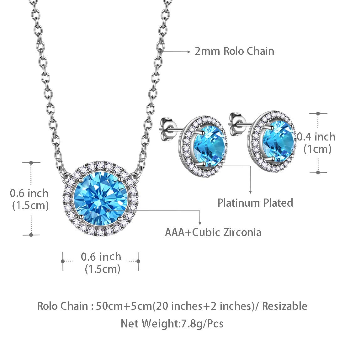 beautlace March Birthstone Necklaces/Stud Earrings Set Silver Plated Round Shape Jewelry Sets Blue Birthstone Jewelry Birthday Gifts for Men and Women KS0017M