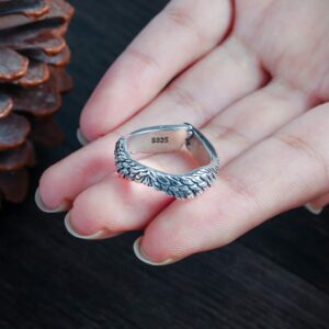 LOVECOM Antique 925 Sterling Silver Couple Ring for Women Men Lover Feather Angel Wing Mens Rings Silver Wedding Band Vingage Open Promise Rings for Couples Adjust Size 6-13