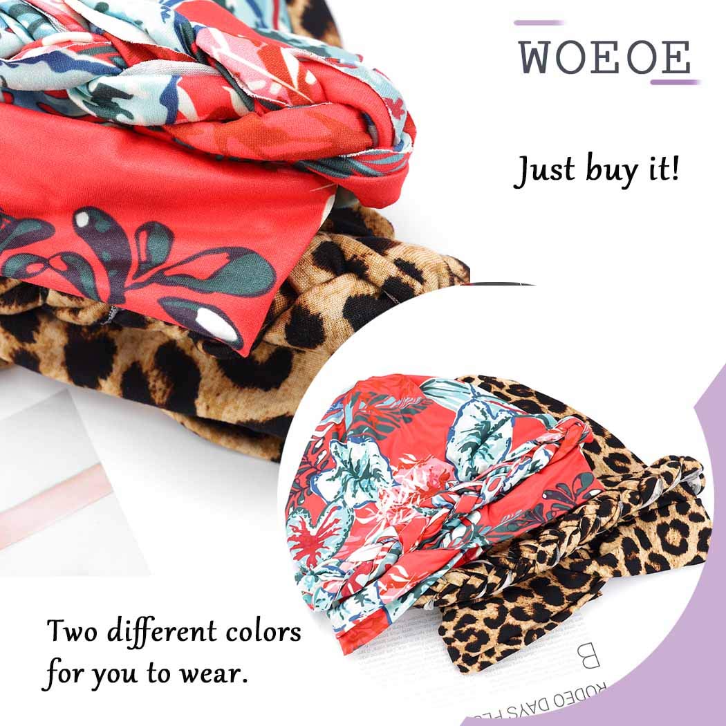 Woeoe African Turban Leopard Print Stretch Headwear Print Pattern Head Scarf Elastic Beanie Cap Head Wrap for Women and Girls(2 Pieces)