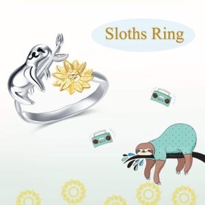 MONGAS Sloth Gifts for Women Sloth Ring Sunflower 925 Sterling Silver Sloth Christmas Jewelry