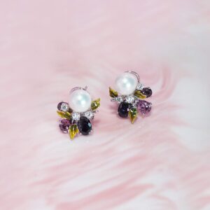 Anthia Jewelry Womens Sterling Silver Sparkling Multicolor Cubic Zirconia Gemstone Floral Flower White Imitation Pearl Cute Fashion Jewelry Accessory French Back Stud Earrings, Purple & Pink