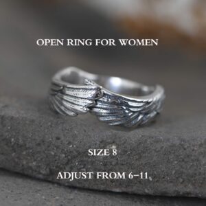 LOVECOM Antique 925 Sterling Silver Couple Ring for Women Men Lover Feather Angel Wing Mens Rings Silver Wedding Band Vingage Open Promise Rings for Couples Adjust Size 6-13