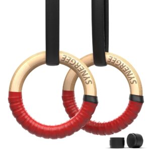 synergee wood olympic gymnastics rings 1.25" grip with adjustable straps for pull ups dips and muscle ups. red and black grip tape included.