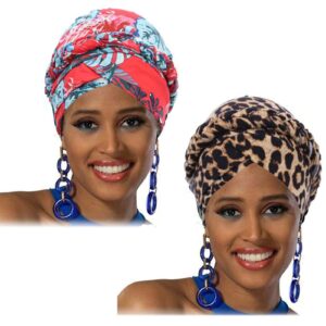 woeoe african turban leopard print stretch headwear print pattern head scarf elastic beanie cap head wrap for women and girls(2 pieces)