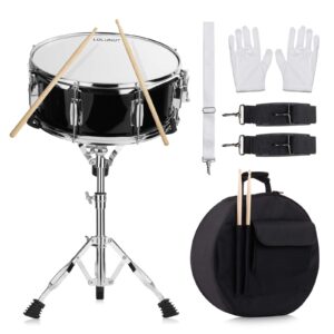 14 inch snare drum set with gig bag, a pair sticks,drum stand and drum keys,a pair practice gloves for students,beginners (14'', black)