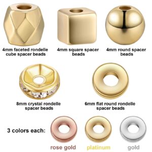 3630 Pieces Assorted Spacer Beads Faceted Rondelle Cube Square Column Beads Crystal Round Charms for Jewelry Making DIY Loose Beads, 5 Styles (Platinum, Gold, Rose Gold)