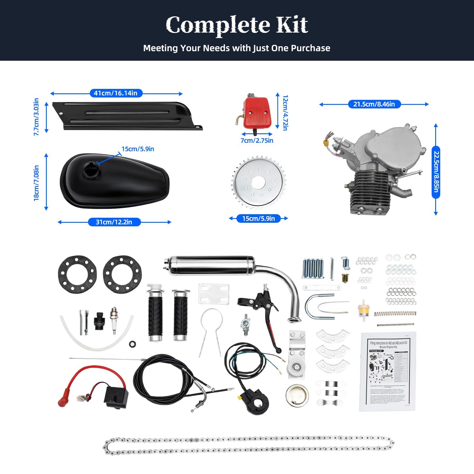 LOYALHEARTDY 100CC Bicycle Engine Kit Bike Bicycle Motorized 2 Stroke Petrol Gas Motor Engine Kit for most 26"/28" Bike (36 Sprocket)