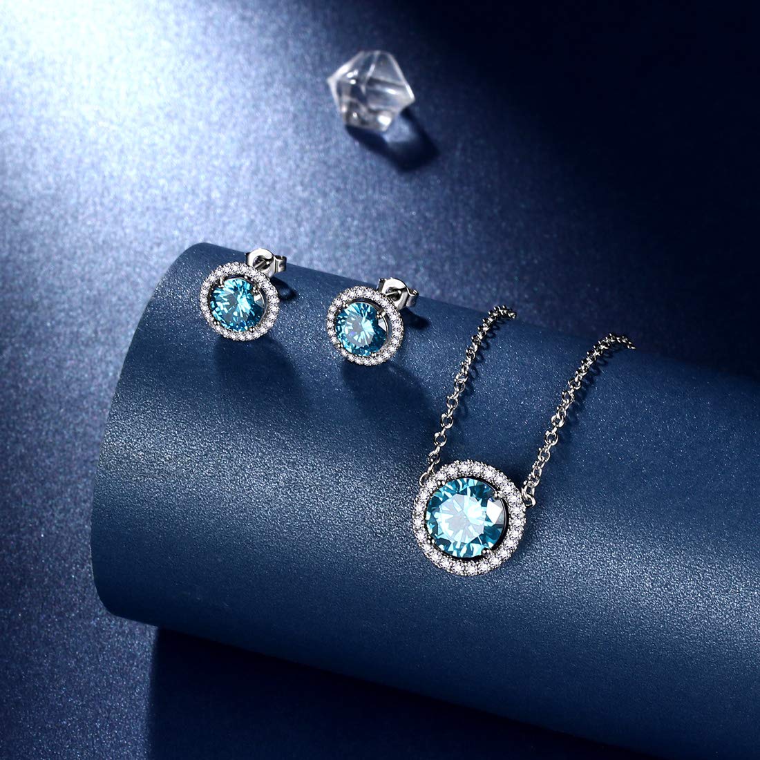 beautlace March Birthstone Necklaces/Stud Earrings Set Silver Plated Round Shape Jewelry Sets Blue Birthstone Jewelry Birthday Gifts for Men and Women KS0017M