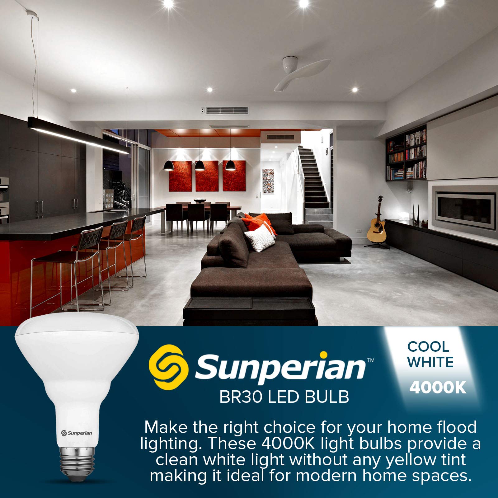 SUNPERIAN BR30 LED Bulb, 8.5W=65W, 4000K Cool White, 800 Lumens, Dimmable Flood Light Bulbs for Recessed Cans, Enclosed Fixture Rated, Damp Rated, UL Listed, E26 Standard Base (4 Pack)