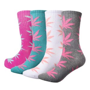 4 pairs pack marijuana weed leaf printed cotton athletic sports high crew socks for women men (e-4 pairs)