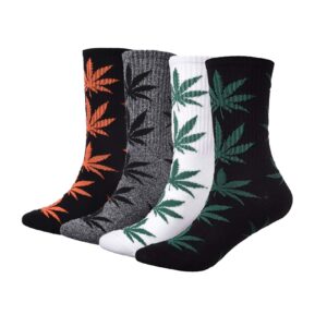 4 pairs pack marijuana weed leaf printed cotton athletic sports high crew socks for women men (d-4 pairs)