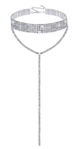 eftom rhinestone choker necklaces silver sparkly diamond choker long tassel choker necklace for women 5 rows