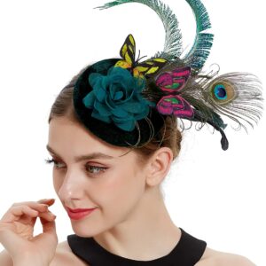 Coucoland Fascinators Hat for Women Pillbox Tea Party Hat Derby Butterfly Feather Cocktail Fascinator Headband (Dark Green)