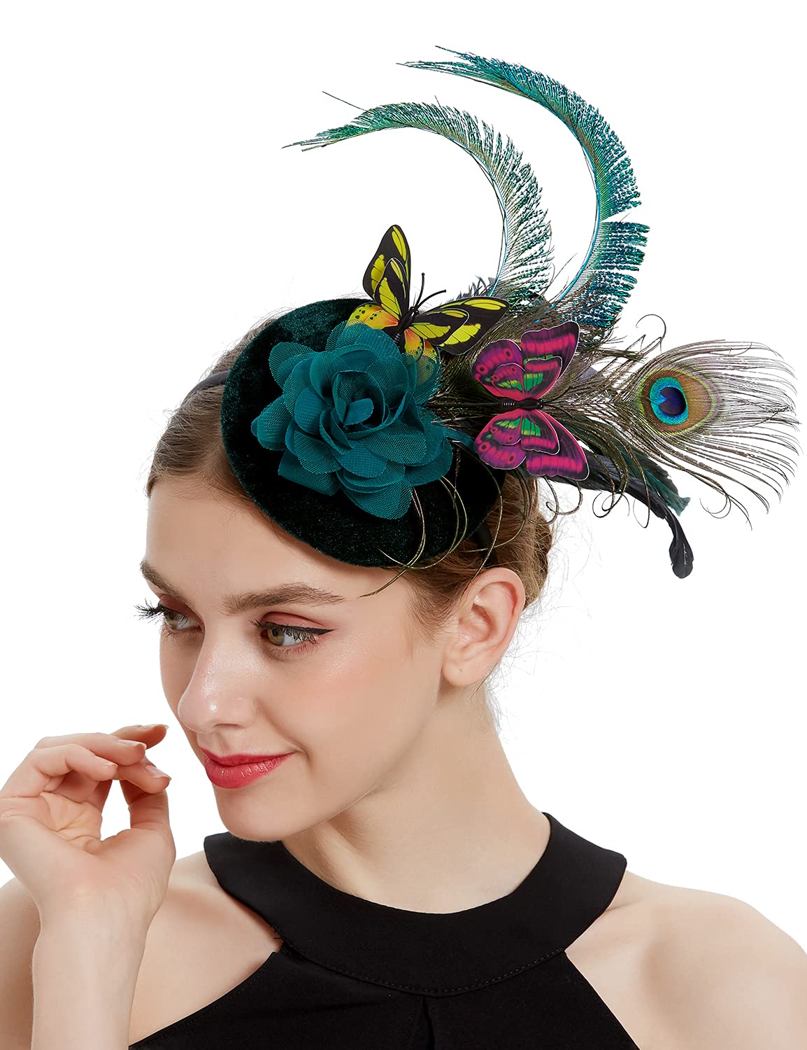 Coucoland Fascinators Hat for Women Pillbox Tea Party Hat Derby Butterfly Feather Cocktail Fascinator Headband (Dark Green)