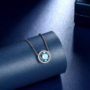 beautlace March Birthstone Necklaces/Stud Earrings Set Silver Plated Round Shape Jewelry Sets Blue Birthstone Jewelry Birthday Gifts for Men and Women KS0017M