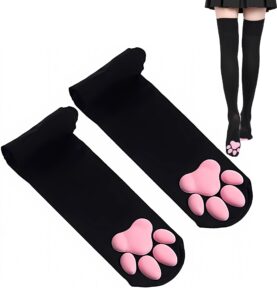 cat paw thigh high socks, cute soft 3d kitten paw pad claw toe beans stockings for girls women cat cosplay