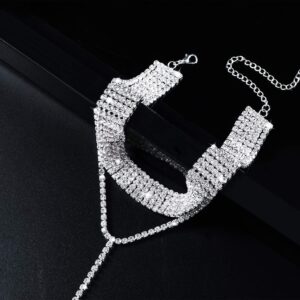 EFTOM Rhinestone Choker Necklaces Silver Sparkly Diamond Choker Long Tassel Choker Necklace for Women 5 Rows