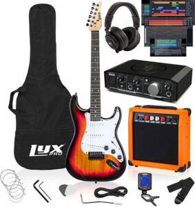 lyxpro full size electric guitar sunburst with 20w amp package, mackie onyx artist 2-2 audio/midi interface with pro tools first/tracktion music production software kit with professional headphones