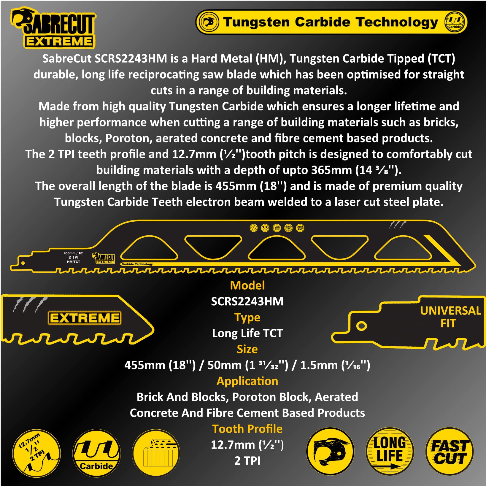 2 x SabreCut SCRS2243HM_2 Tungsten Carbide 17 29/32" (455mm) 2 TPI S2243HM Large Bricks Poroton Fibre Cement Concrete Straight Cutting Reciprocating Sabre Saw Compatible with Bosch Dewalt Makita