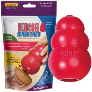 kong classic stuffable dog toy marathon chicken-flavored treats (2 pack) - fetch & chew toy for dogs - with dog toy filler treat - for hours of fun & enrichment - for small dogs