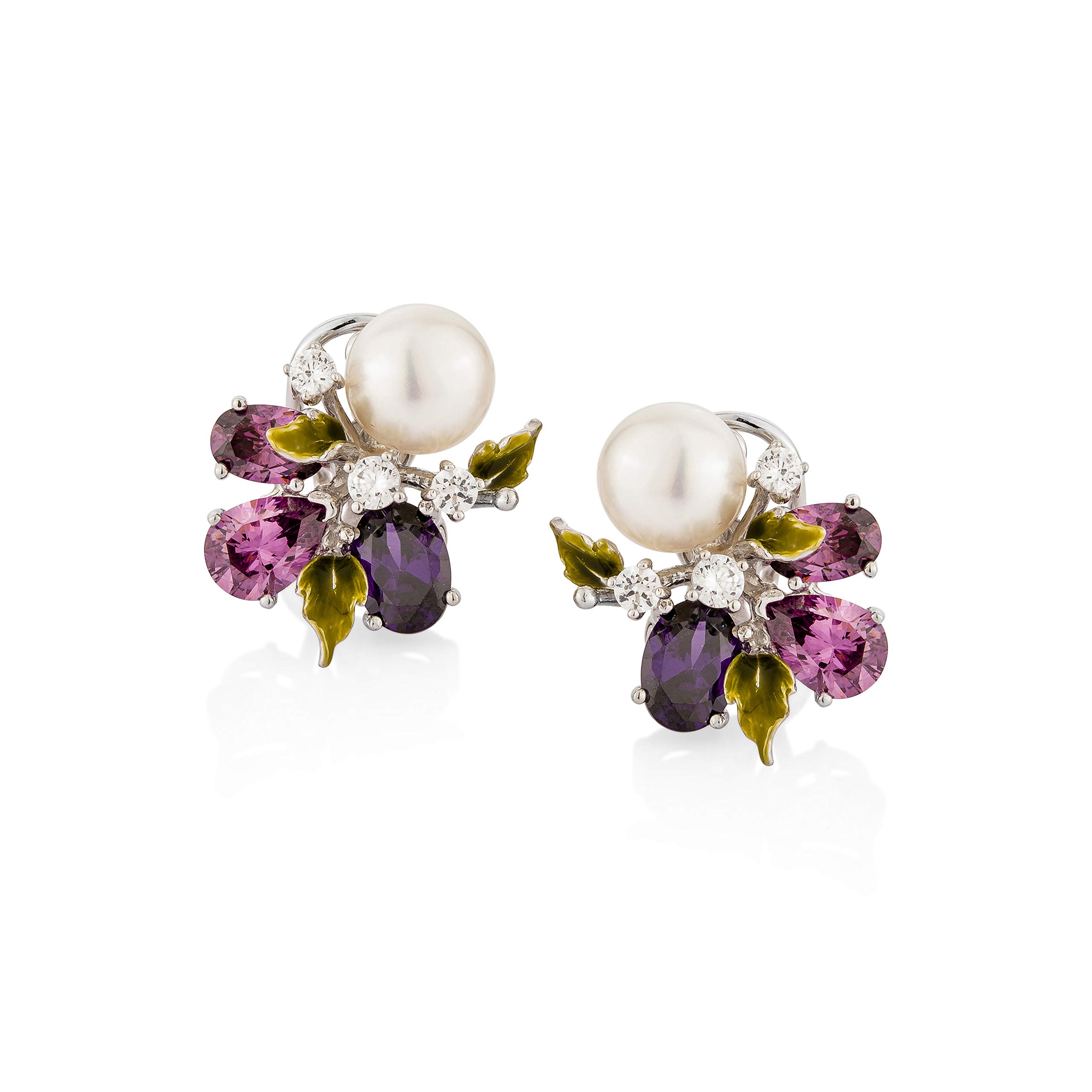 Anthia Jewelry Womens Sterling Silver Sparkling Multicolor Cubic Zirconia Gemstone Floral Flower White Imitation Pearl Cute Fashion Jewelry Accessory French Back Stud Earrings, Purple & Pink