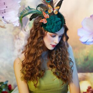 Coucoland Fascinators Hat for Women Pillbox Tea Party Hat Derby Butterfly Feather Cocktail Fascinator Headband (Dark Green)