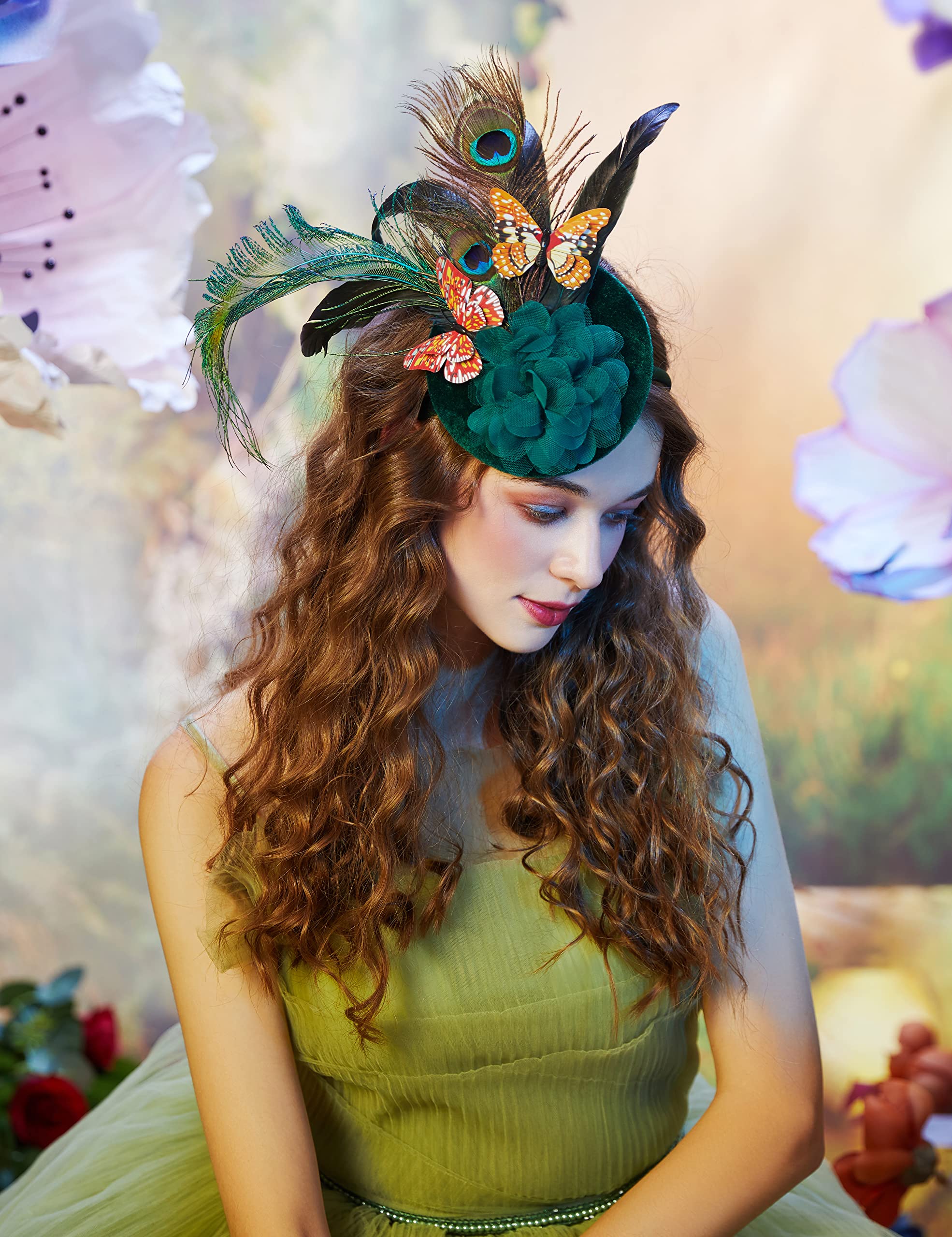 Coucoland Fascinators Hat for Women Pillbox Tea Party Hat Derby Butterfly Feather Cocktail Fascinator Headband (Dark Green)