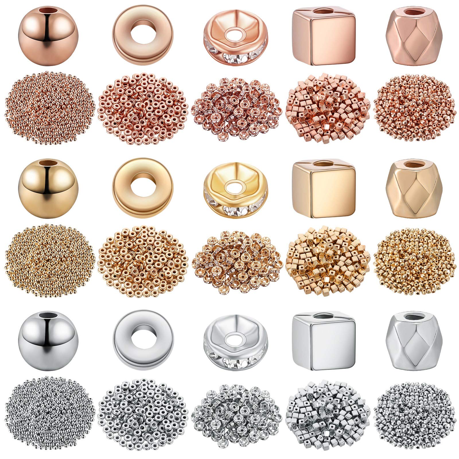 3630 Pieces Assorted Spacer Beads Faceted Rondelle Cube Square Column Beads Crystal Round Charms for Jewelry Making DIY Loose Beads, 5 Styles (Platinum, Gold, Rose Gold)