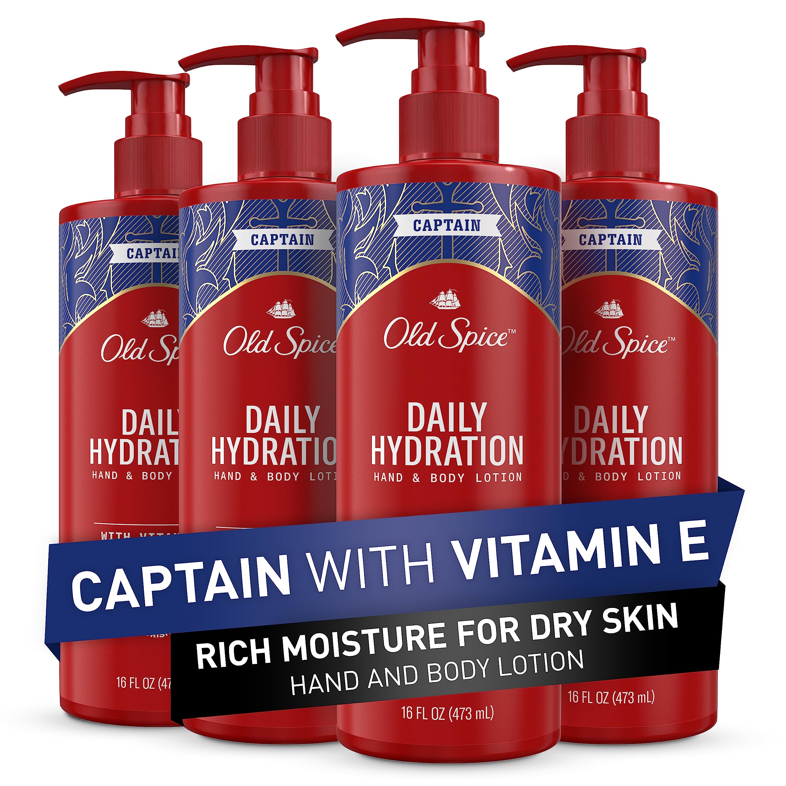 Old Spice Captain Daily Hydration Hand & Body Lotion 24/7 Shower Freshness With Vitamin E, 16 Fl Oz (Pack of 4)