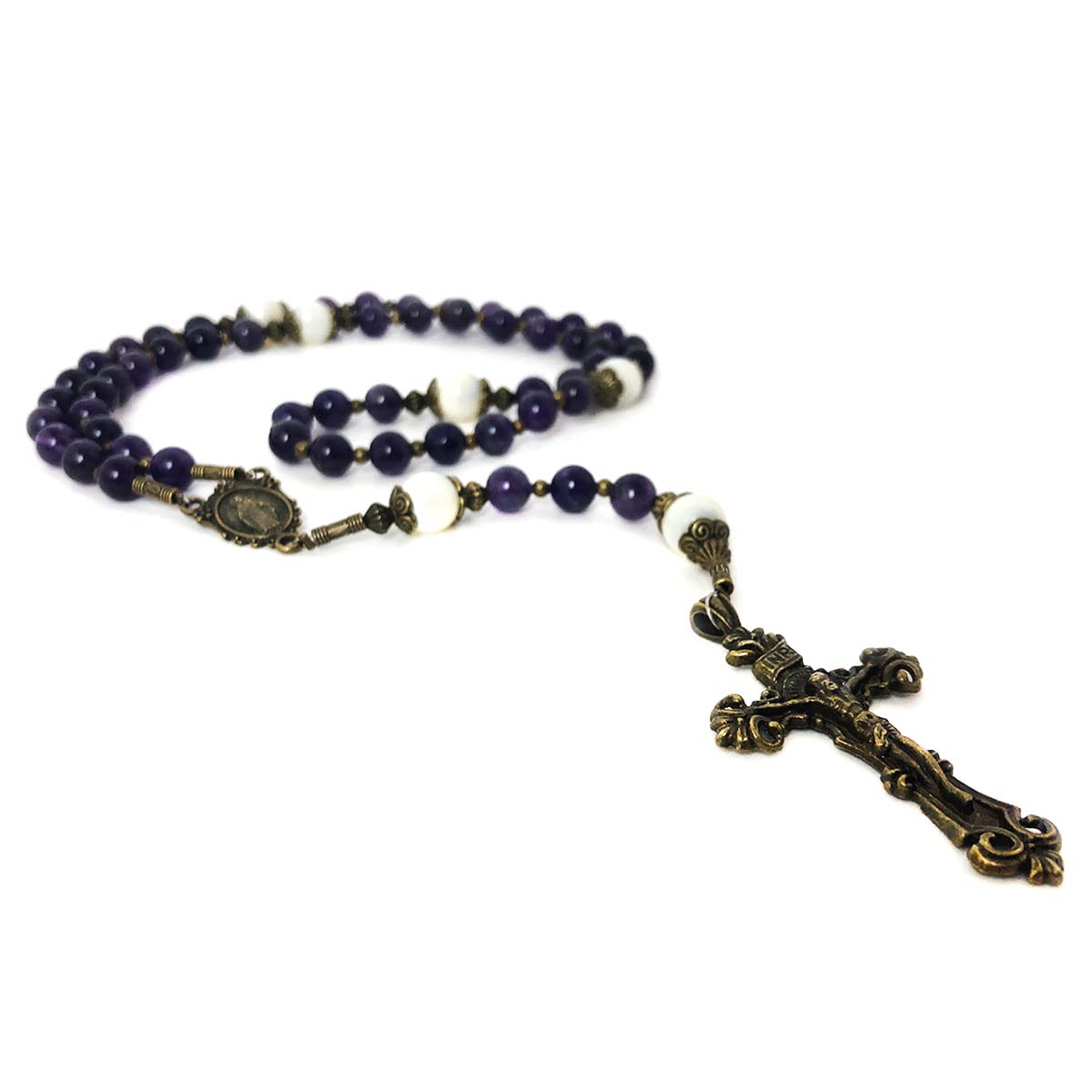 Beautiful Amethyst and Mother of Pearl Stone Rosary Beads Catholic for Women With Virgin Mary Our Lady of Graces Medal Centerpiece - Catholic Rosary - Rosarios Catolicos Para Mujer - Catholic Gifts Women - Rosario Regalos Para Mujer - Rosary Necklace for