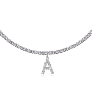 initial a necklaces for women 14k white gold plated cubic zirconia choker silver tennis chain letter necklace gift