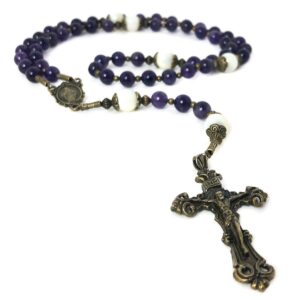 Beautiful Amethyst and Mother of Pearl Stone Rosary Beads Catholic for Women With Virgin Mary Our Lady of Graces Medal Centerpiece - Catholic Rosary - Rosarios Catolicos Para Mujer - Catholic Gifts Women - Rosario Regalos Para Mujer - Rosary Necklace for