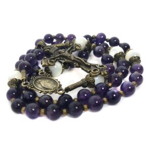 Beautiful Amethyst and Mother of Pearl Stone Rosary Beads Catholic for Women With Virgin Mary Our Lady of Graces Medal Centerpiece - Catholic Rosary - Rosarios Catolicos Para Mujer - Catholic Gifts Women - Rosario Regalos Para Mujer - Rosary Necklace for