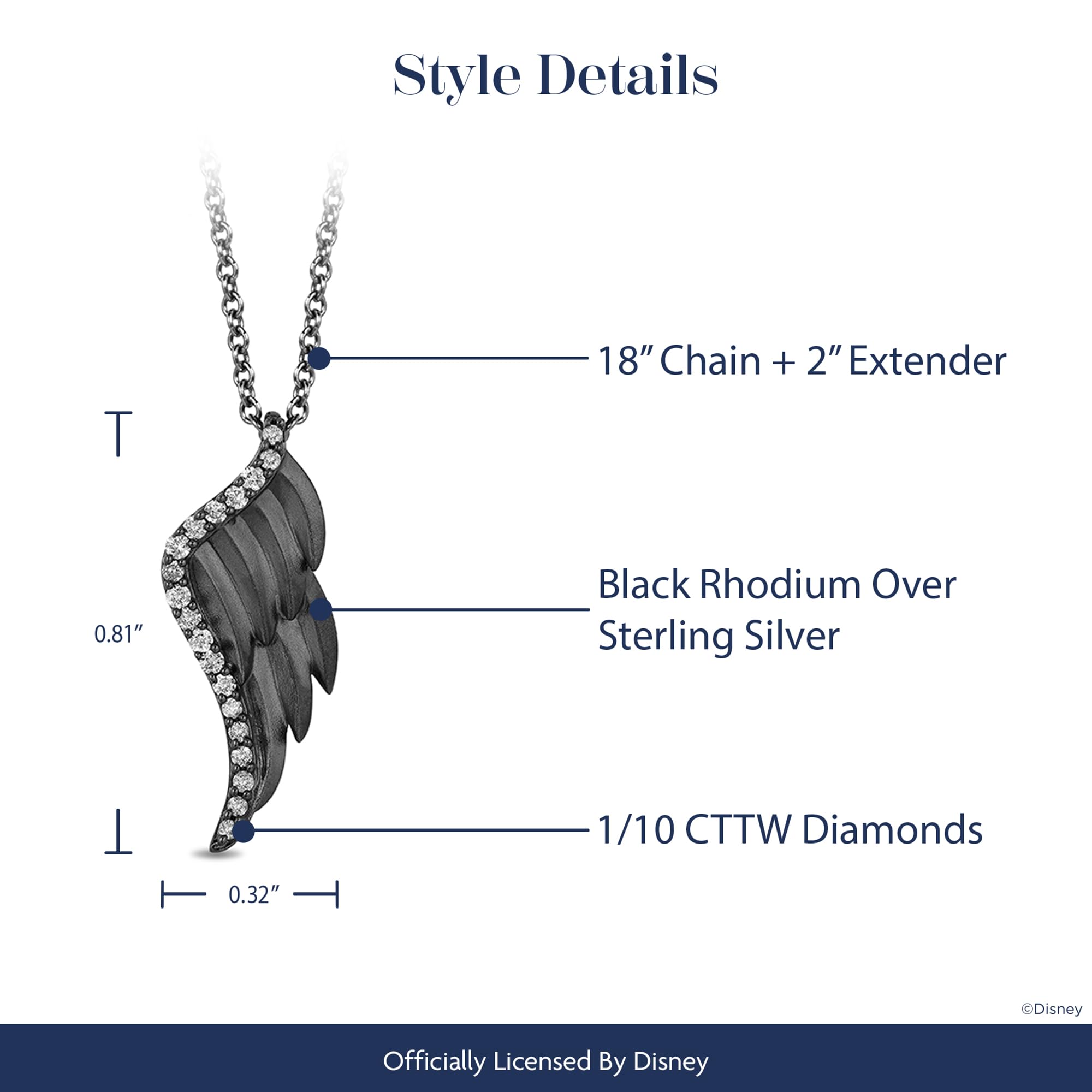 Jewelili Enchanted Disney Fine Jewelry Sterling Silver with Black Rhodium 1/10 CTTW Diamond Maleficent Wings Pendant