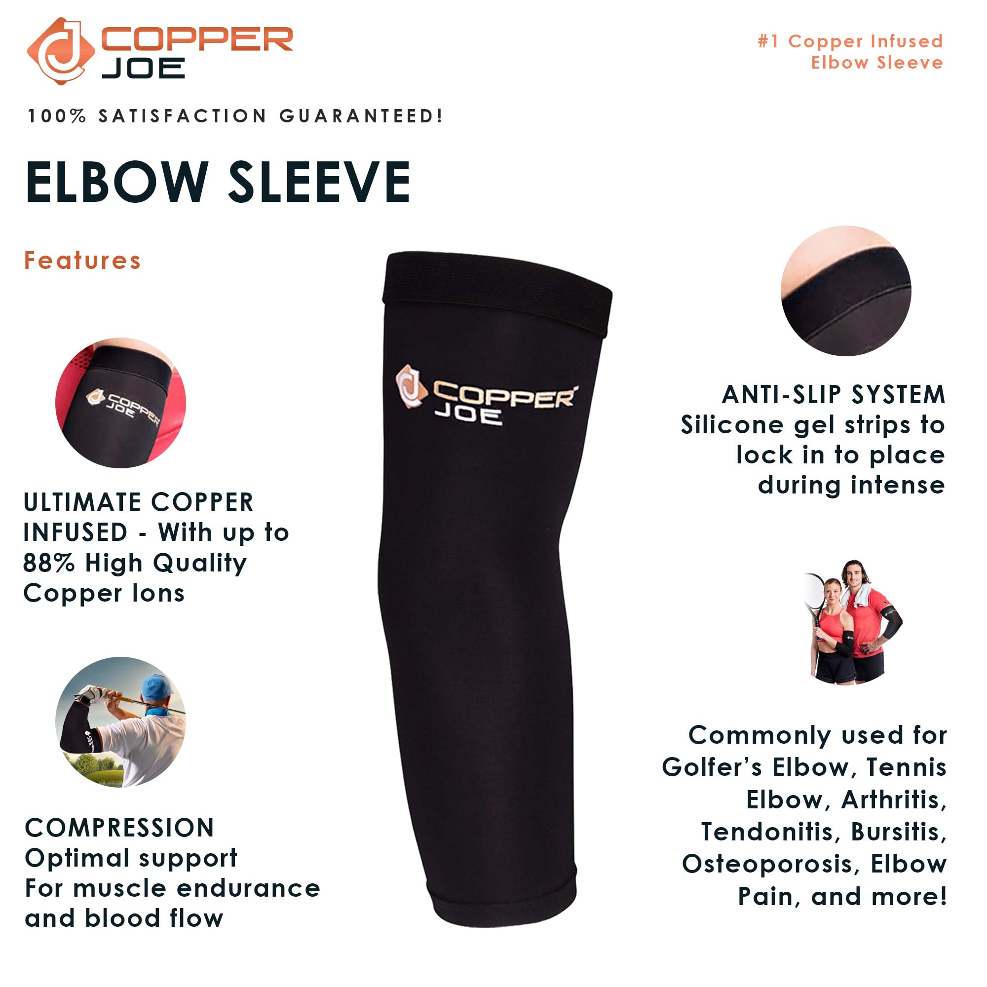 Copper Joe 2 Pack Recovery Elbow Compression Sleeve - Ultimate Copper Relief Elbow Brace for Arthritis, Golfers or Tennis Elbow and Tendonitis. Elbow Support Arm Sleeves For Men and Women (2X-Large)