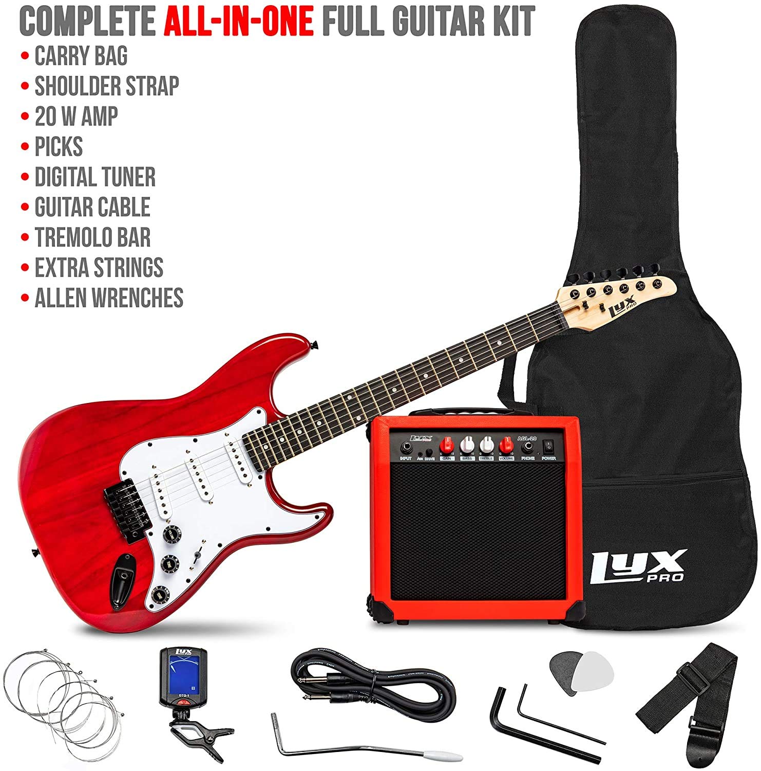 LyxPro Full Size Electric Guitar Red with 20w Amp Package With Mackie Onyx Artist 2-2 Audio/Midi interface With Pro Tools First/Tracktion Music Production Software Kit With Professional Headphones