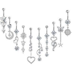 newitin 10 pieces 14g belly button rings dangle 316l surgical steel navel rings cubic zirconia belly piercing jewelry belly dangle rings for women